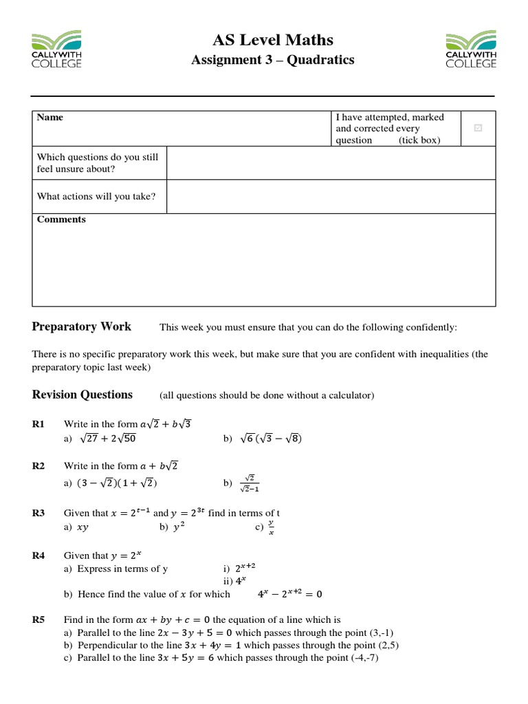 AS Assignment 3 - Quadratics | PDF | Quadratic Equation | Equations