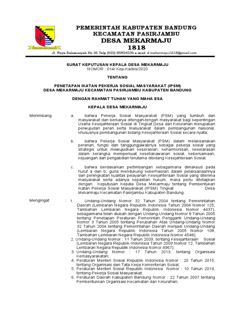 SK Pembentukan PSM Desa Masa Bhakti 2020 S.D 2025 | PDF