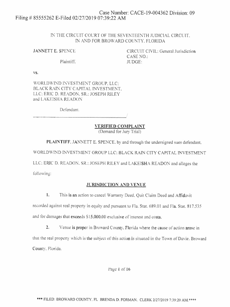 Jannett Spence Lawsuit Against Eric Readon. | PDF | Deed | Lease