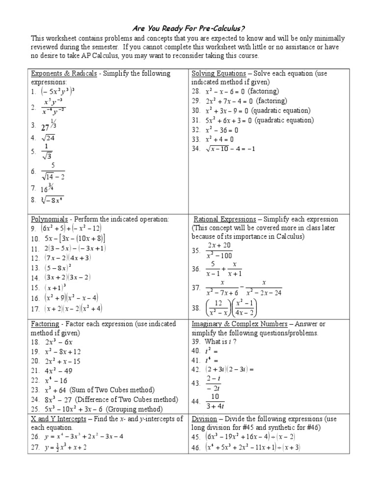 Are You Ready For PreCalculus? | PDF | Precalculus | Factorization