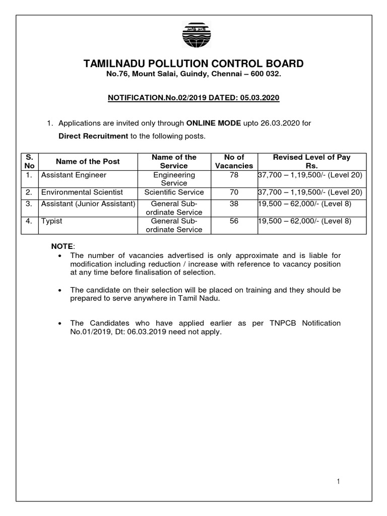 Notification TNPCB 2020 PDF | PDF | Academic Degree | Bachelor's Degree