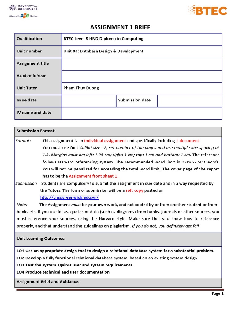04-DDD.Assignment brief 1 2018 - 2019-đã chuyển đổi PDF | PDF | Relational Model | Databases