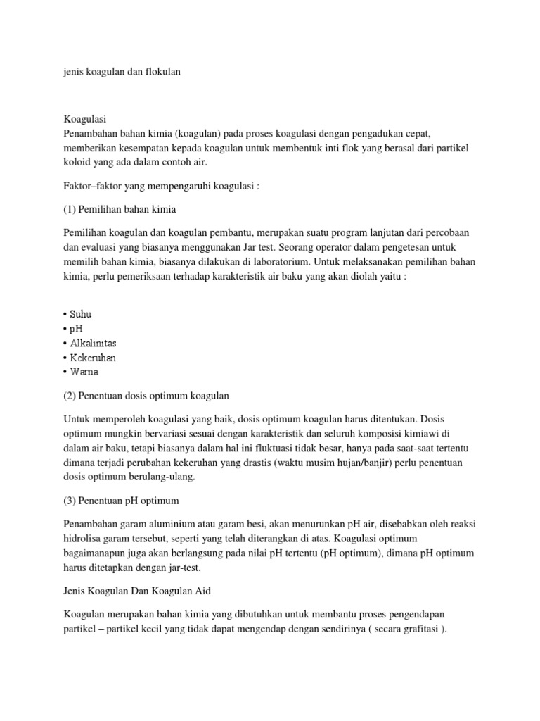 Jenis Koagulan Dan Flokulan PDF | PDF