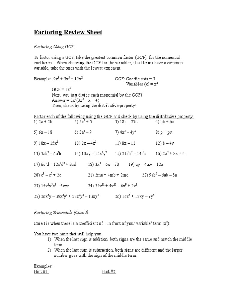 Factoring Review Sheet | PDF | Factorization | Numbers