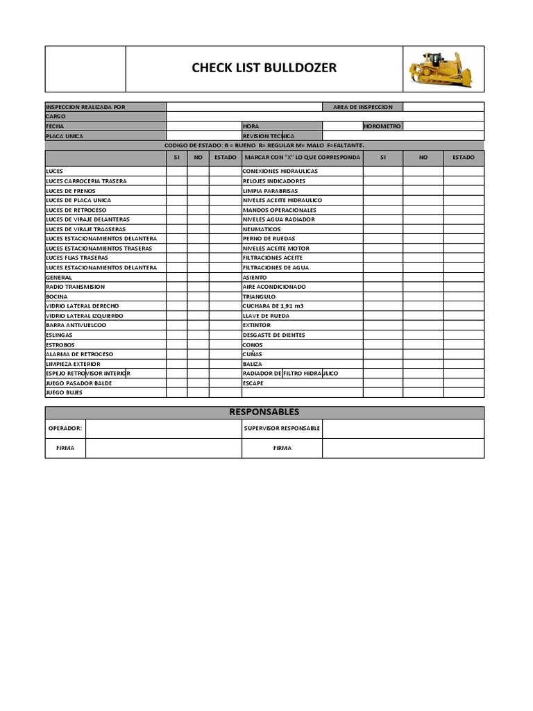 Checklist de Inspección de Bulldozer | PDF | Fabricantes de vehículos ...
