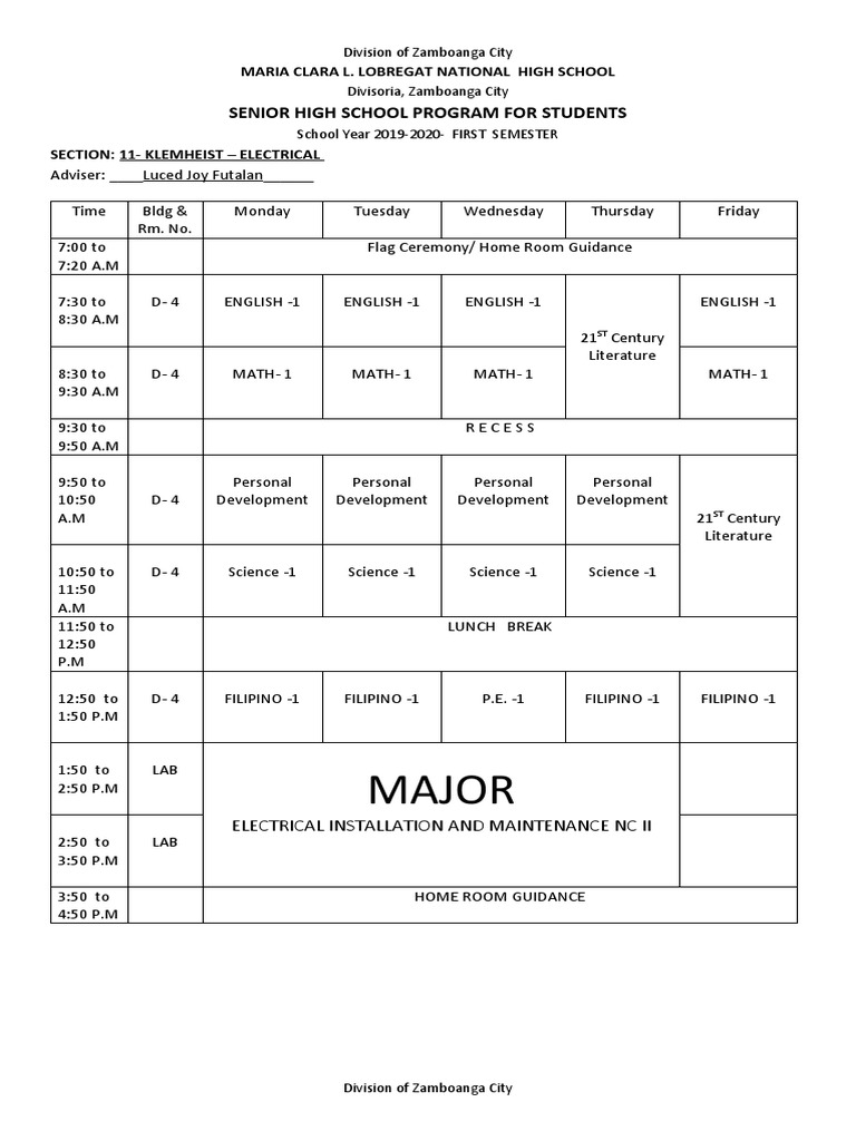 Class Schedule For SHS 1st Sem 19 20 of MCLLNHS | PDF | Academic Term ...
