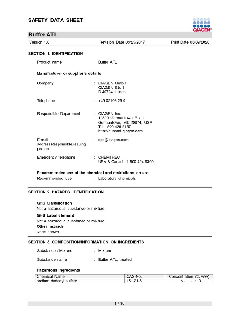 Buffer ATL Safety Data Sheet | PDF | Firefighting | Toxicity