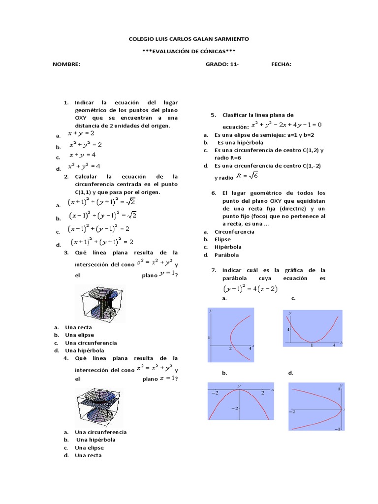 Evaluación Conicas Tema 3 | PDF | Elipse | Colector