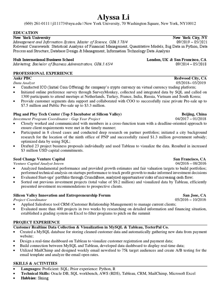 Alyssa Li Resume | PDF | Customer Relationship Management | My Sql
