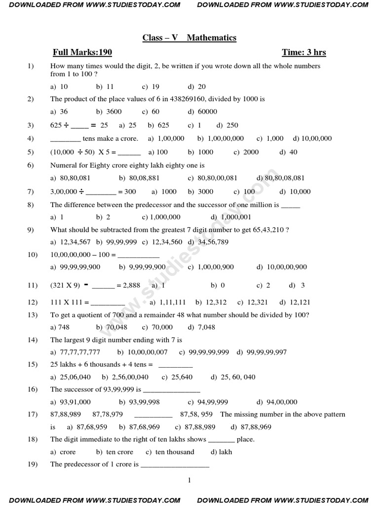 CBSE Class 5 Mathematics Question Paper Set F PDF | PDF | Rectangle ...