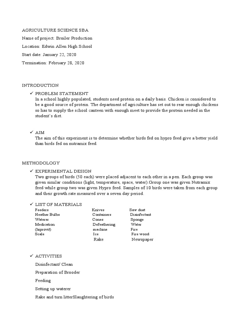 Broiler Production SBA Report | PDF | Nature