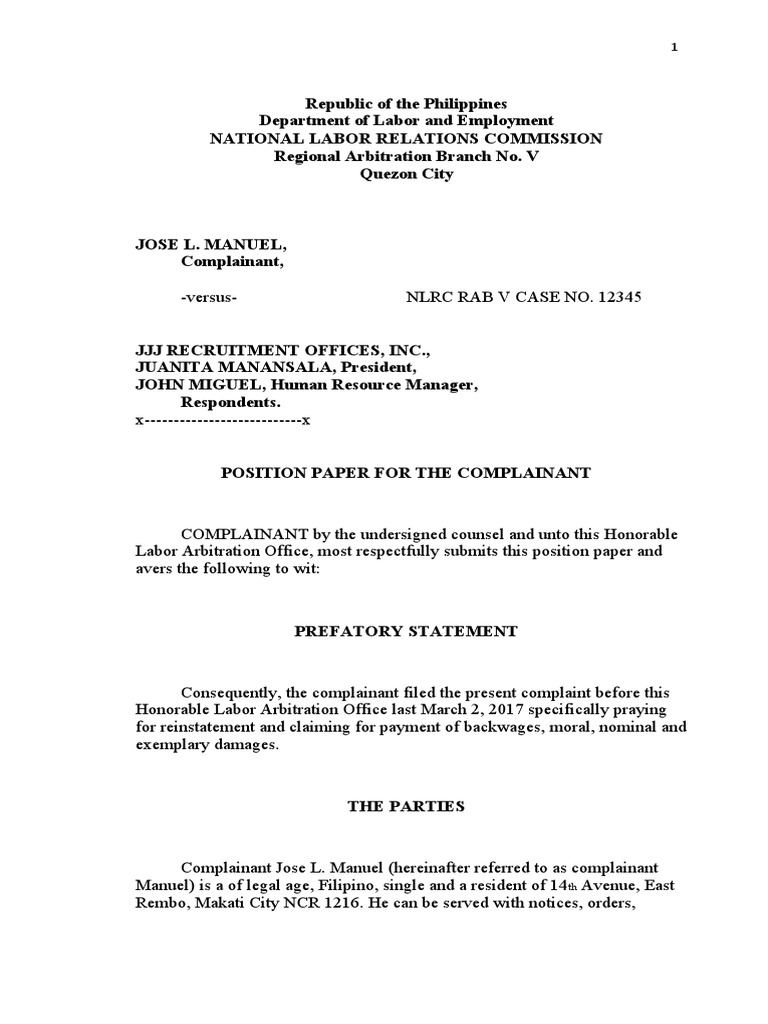 Position Paper Labor Case | PDF | Indemnity | Employment
