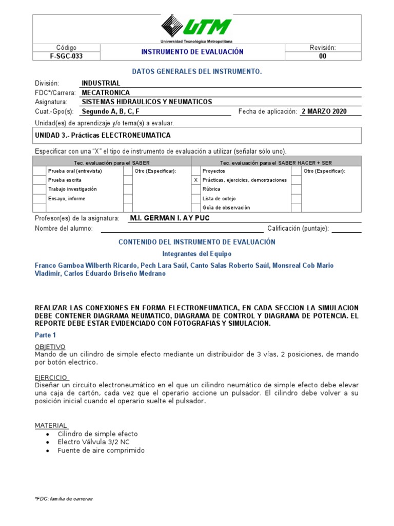 Practica 3. Electroneumatica | Descargar gratis PDF | Neumático | Evaluación