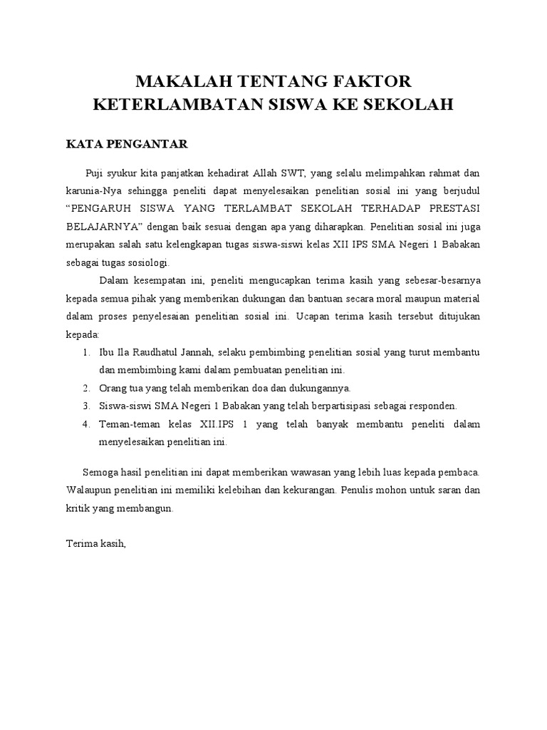 Makalah Tentang Faktor Keterlambatan Siswa Ke Sekolah Pdf
