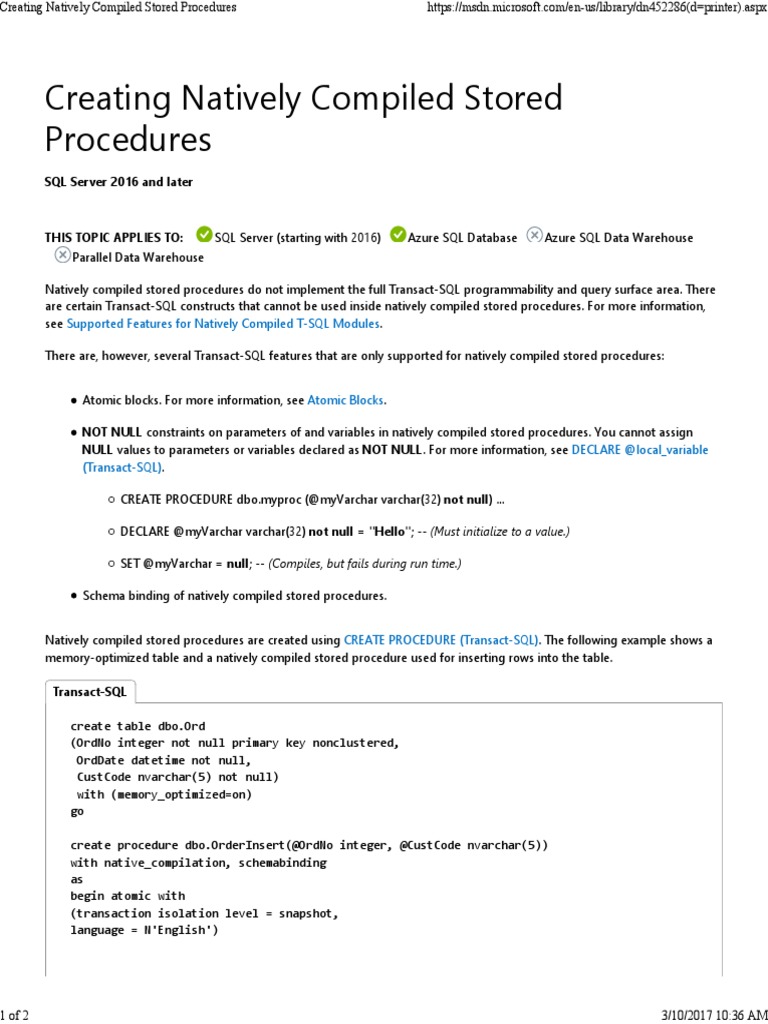 Creating Natively Compiled Stored Procedures | PDF | Microsoft Sql ... Creating Natively Compiled Stored Procedures | PDF | Microsoft Sql ...