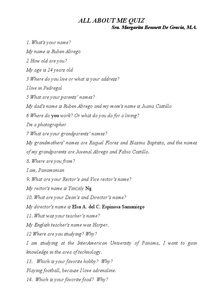 All About Me Questionnaire | PDF