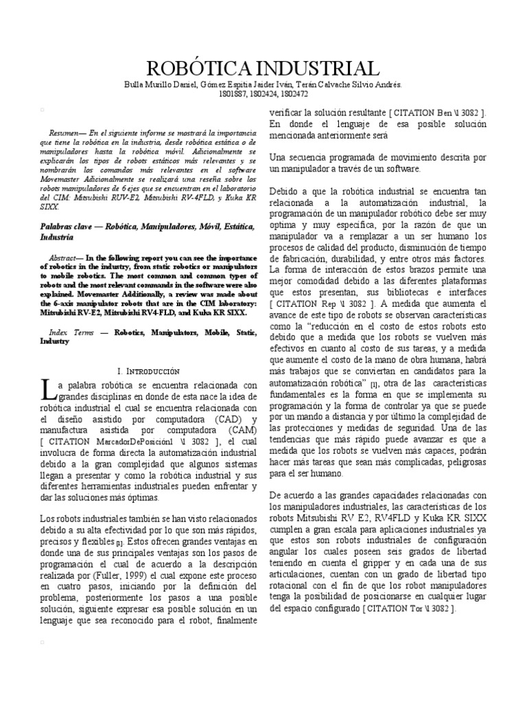 Informe Robotica Industrial | PDF | Robot | Robótica