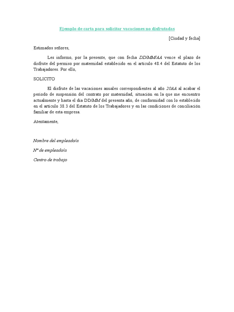 Ejemplo de Carta para Solicitar Vacaciones No Disfrutadas | PDF