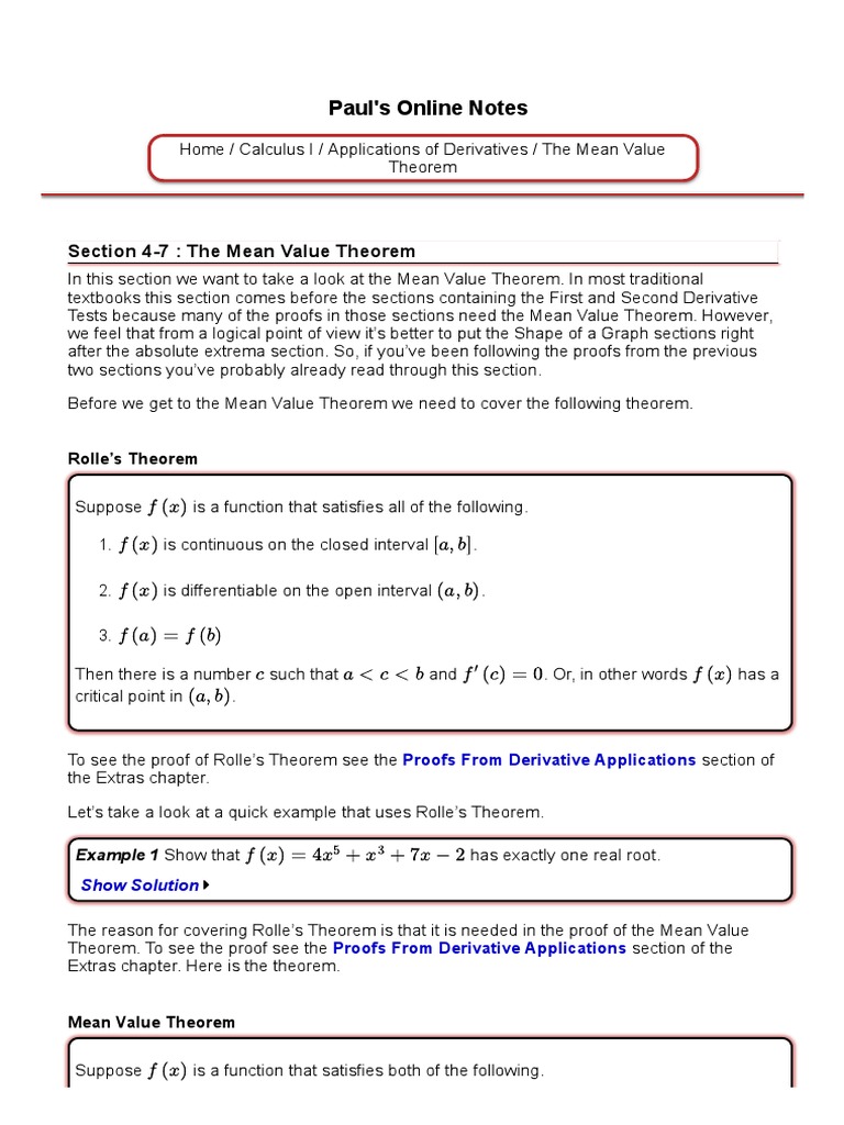 Calculus I - The Mean Value Theorem | PDF | Theorem | Derivative
