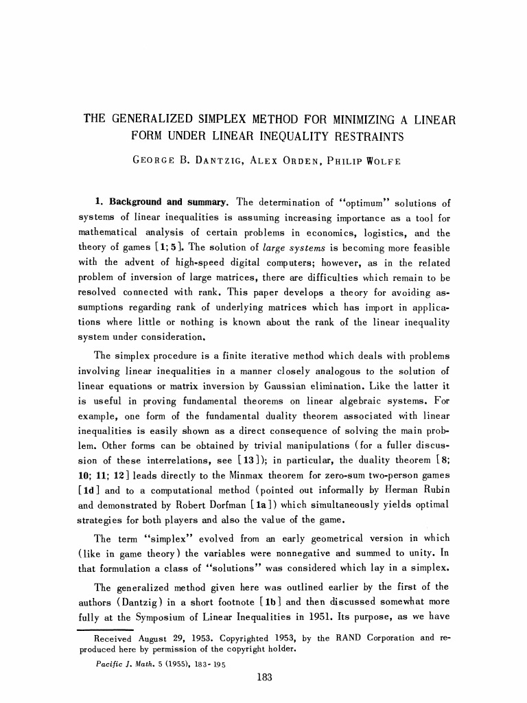 The Generalized Simplex Method For Minimizing A Linear Form Under Linear Inequality Restraints ...