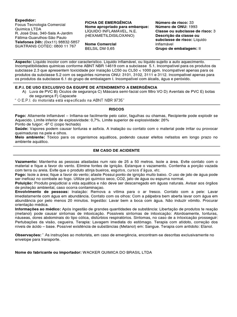 BELSIL DM 0,65 - Ficha de Emergência | PDF | Metanol | Química