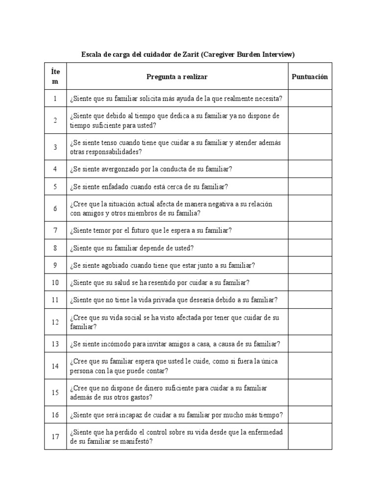 Escala de Carga Del Cuidador de Zarit | PDF | Salud y bienestar | Medicina