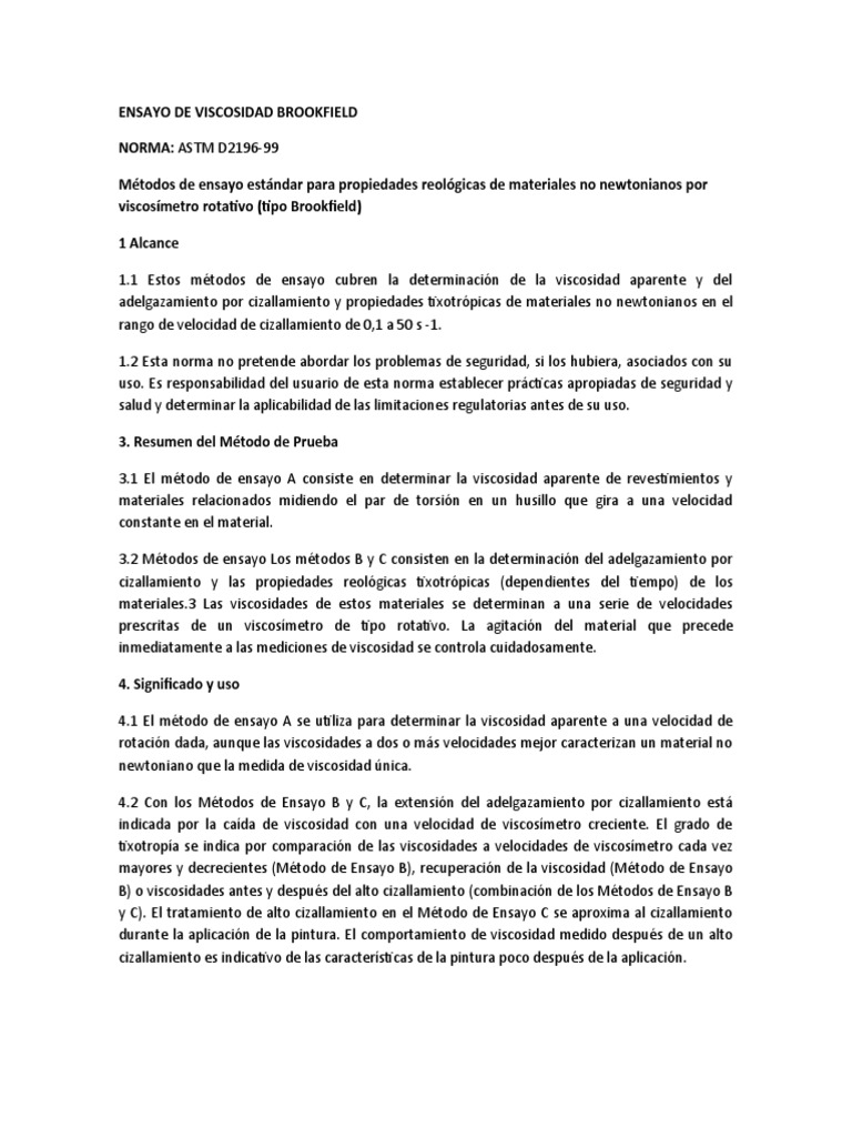 Ensayo de Viscosidad Brookfield ASTM D2196 | PDF | Ciencia de los ...