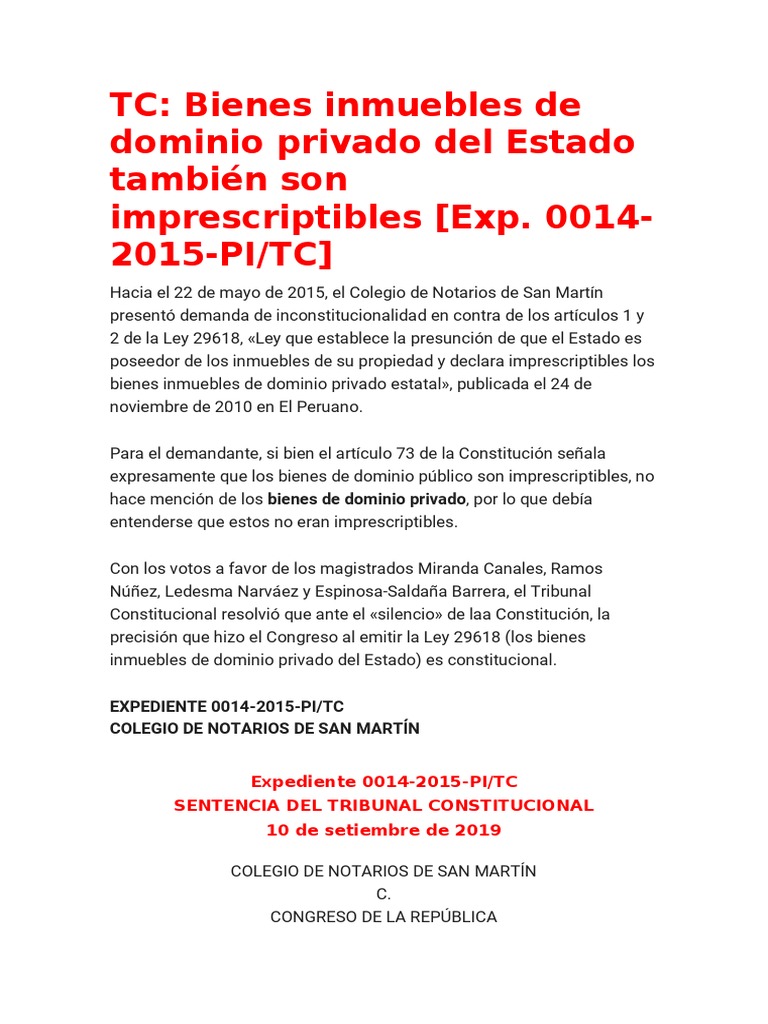 TC Bienes de Dominio Privado Son Imprescriptibles | PDF | Estado de los ...