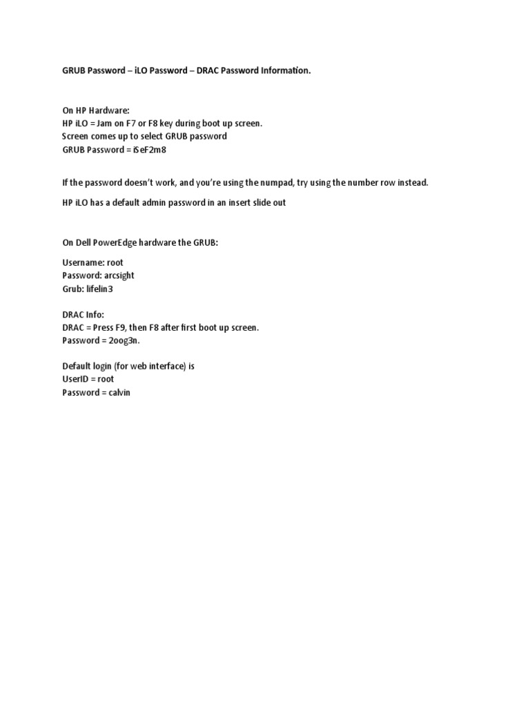 GRUB Password - iLO Password - DRAC Password Information | PDF
