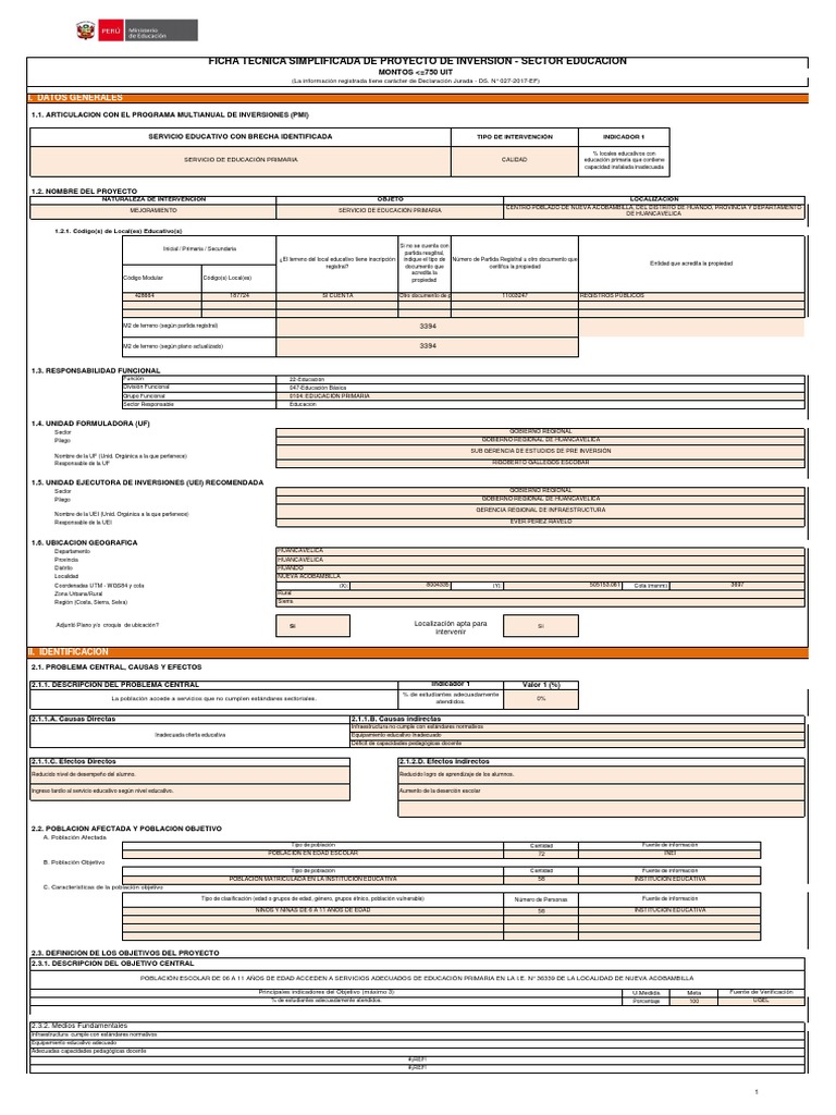 Ficha Técnica Simplificada de Proyecto de Inversión - Sector Educación | PDF | Evaluación ...