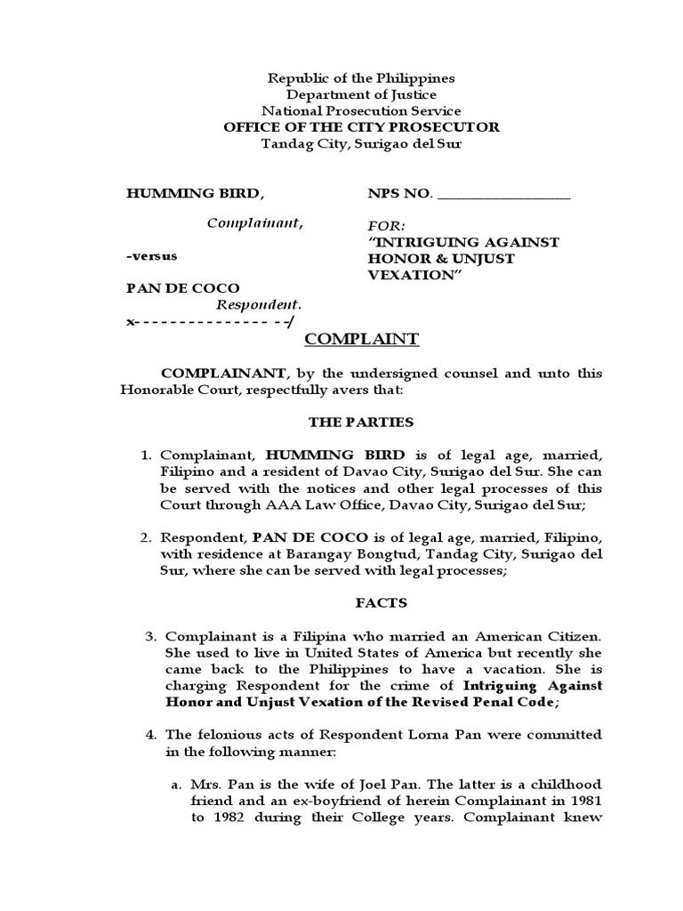 Complaint For Intriguing Against Honor and Unjust Vexation | PDF ...