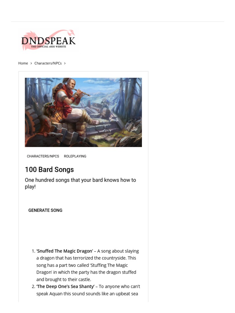 100 Bard Songs - Dndspeak | PDF | Elves | Entertainment (General)