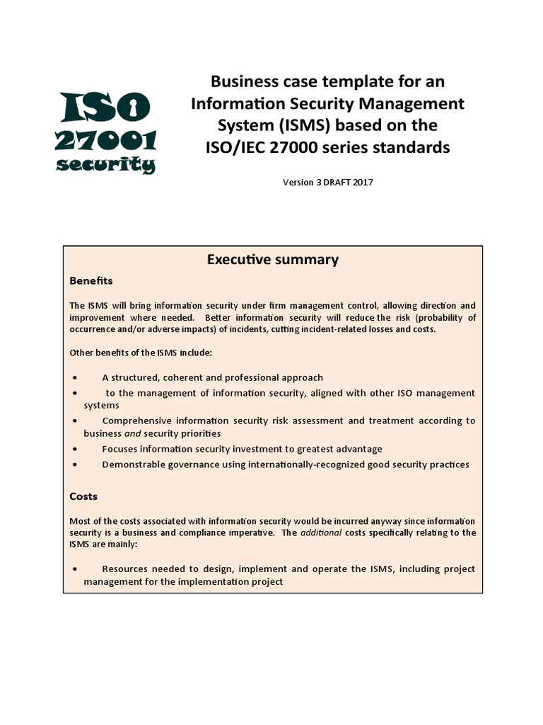 ISO27k Generic Business Case For ISO IEC 27001 ISMS v2 | PDF | Information Security | Risk ...