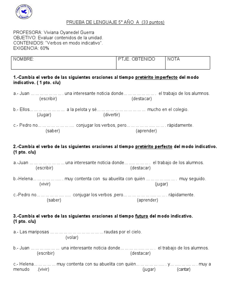 PRUEBA DE LENGUAJE 5°A Verbos | PDF | Verbo | Conjugación gramatical