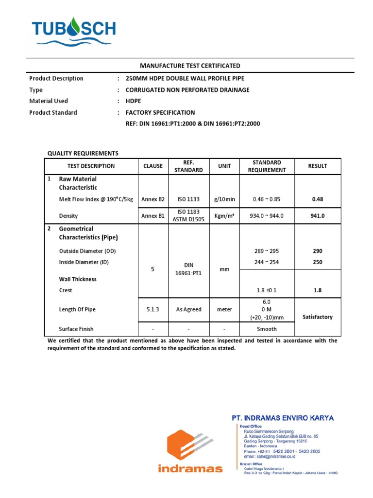Mill Certificate Pipa HDPE Corrugated DW 250 MM PDF | PDF | Pipe (Fluid ...