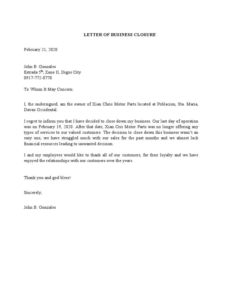 Business Closure Notice Letter | PDF | Law