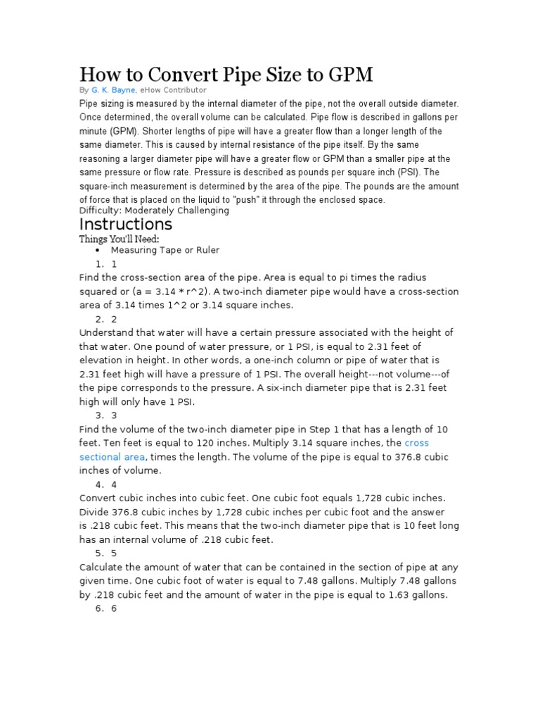 How To Convert Pipe Size To GPM | PDF | Gallon | Volume
