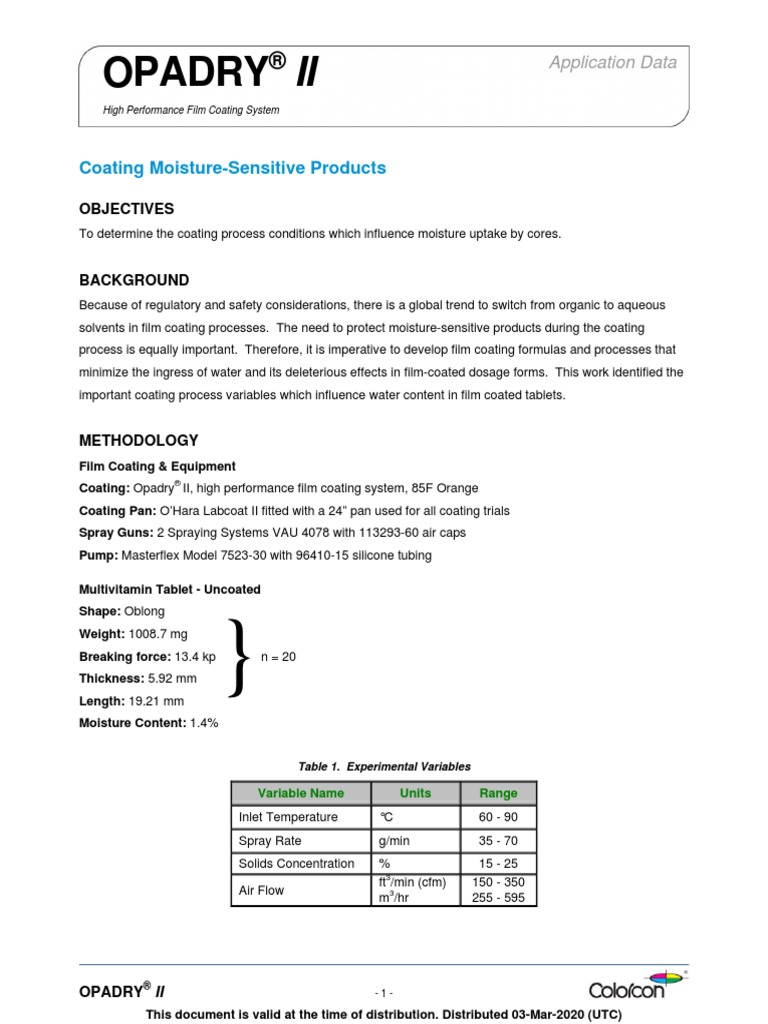 Ads Opadry II Coat Moist | PDF | Tablet (Pharmacy) | Chemistry