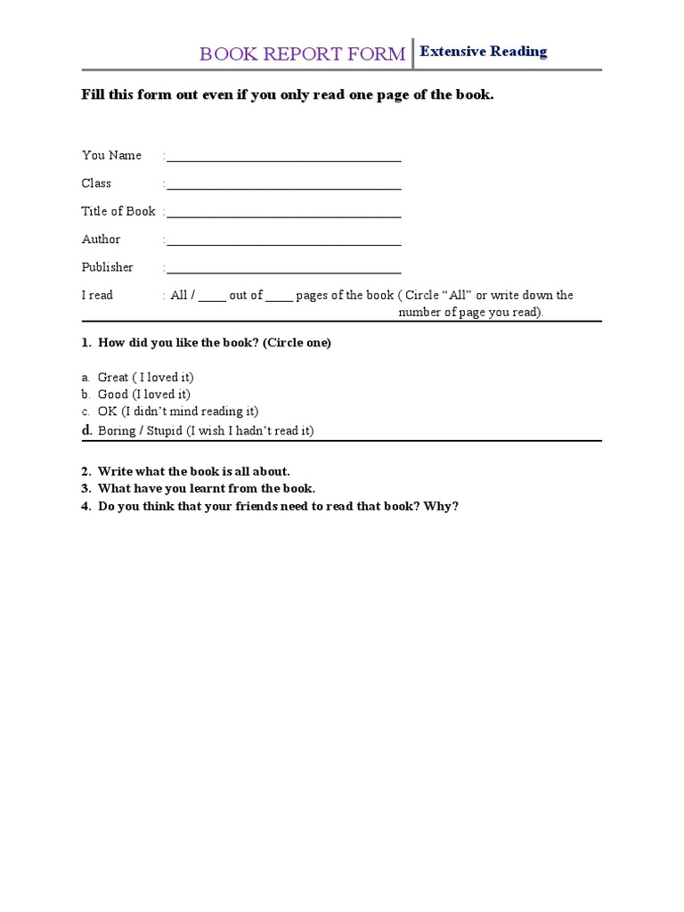 Book Report Form 1 | PDF