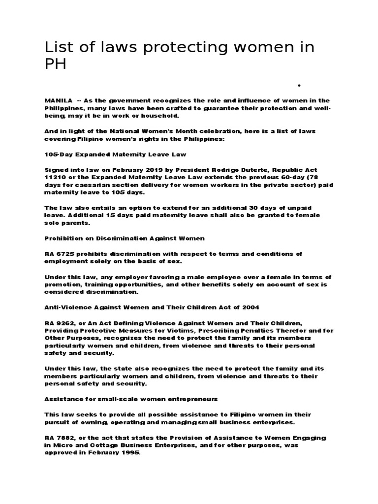 List of Laws Protecting Women in PH | PDF | Women's Rights ...
