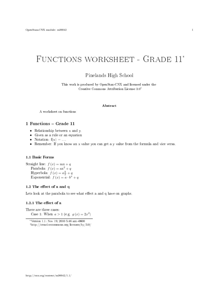 Functions Worksheet - Grade 11 1 | PDF | Cartesian Coordinate System ...