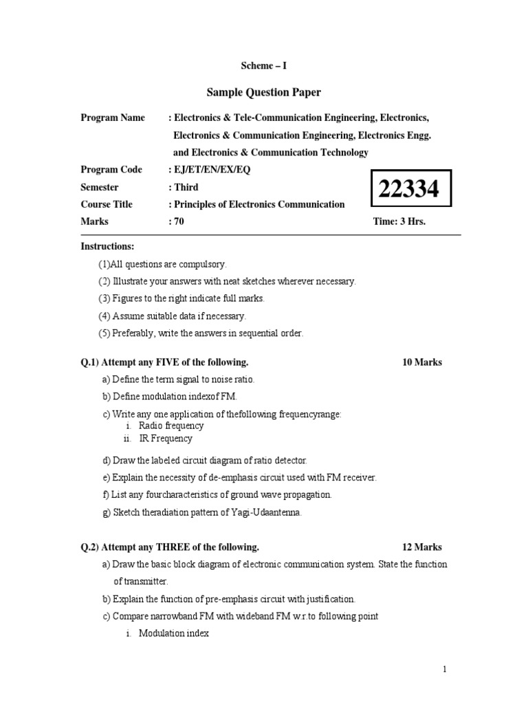 Sample Question Paper Principles of Electronics Communication 1 | PDF ...