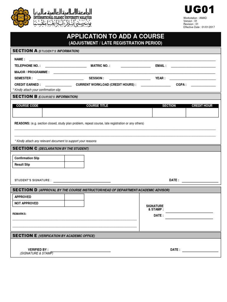 UG 01 Application To Add A Course (Adjustment) PDF | PDF | Course Credit | Computing And ...