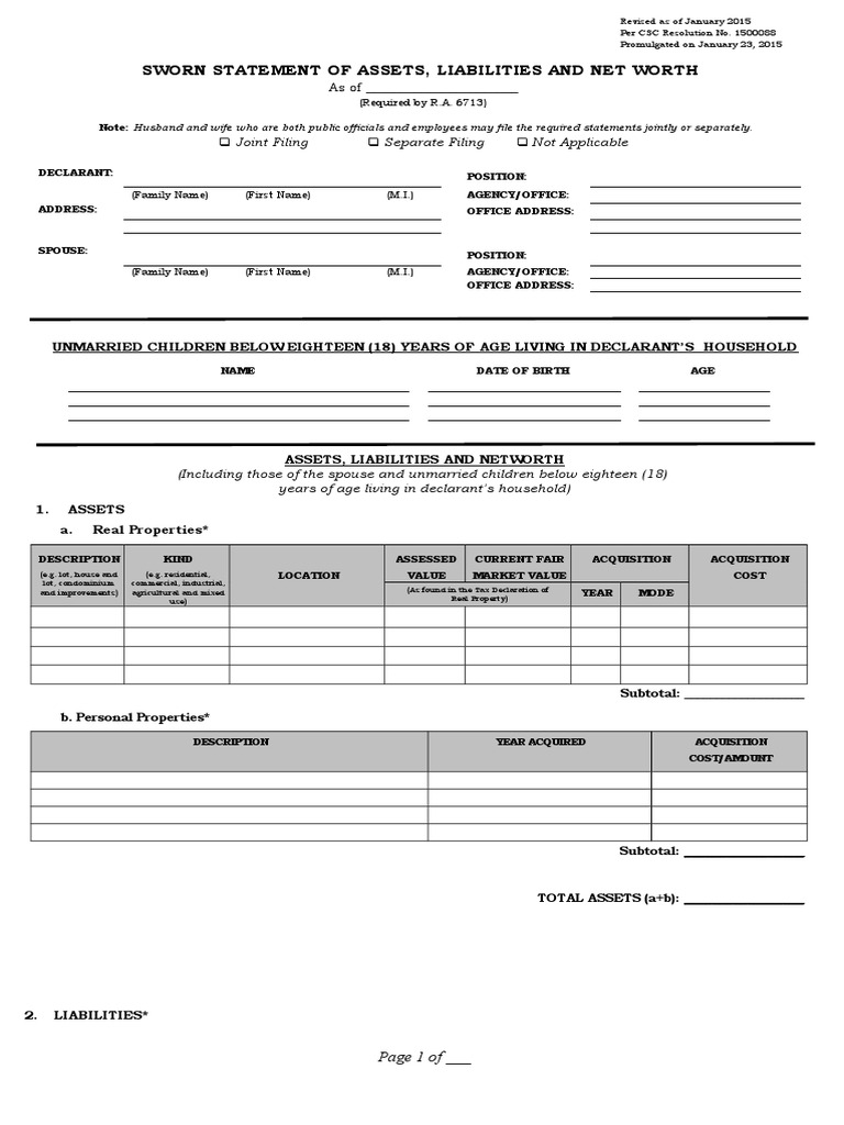 Blank Saln Form | PDF | Net Worth | Mergers And Acquisitions