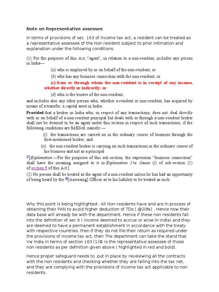 Note On Representative Assessee | PDF | Income Tax In India | Taxes