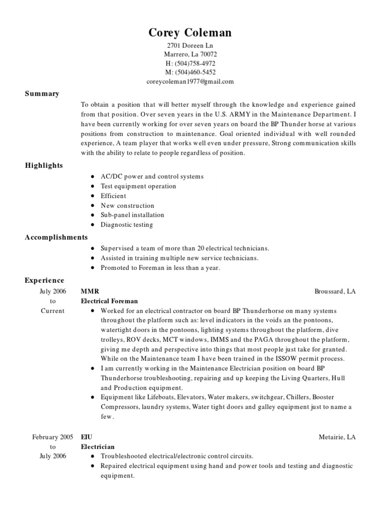 Corey Coleman Resume 1 PDF | PDF | Electrician | Transport