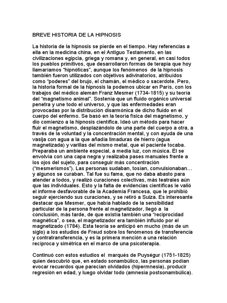01 Breve Historia De La Hipnosis Pdf Hipnosis Psicología Clínica