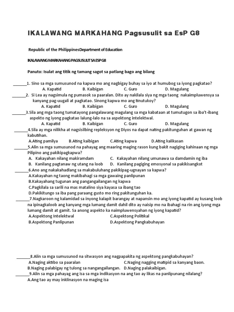 IKALAWANG MARKAHANG Pagsusulit Sa EsP G8 | PDF