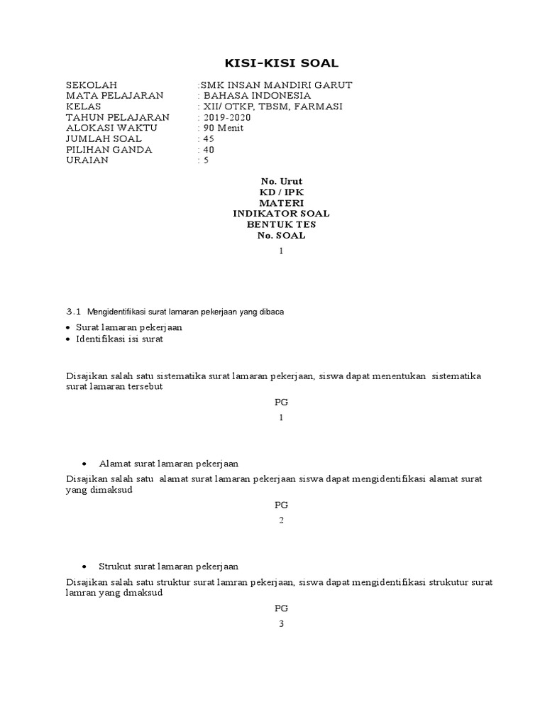 Contoh Kisi-Kisi & Kartu Soal B. Indonesia | PDF