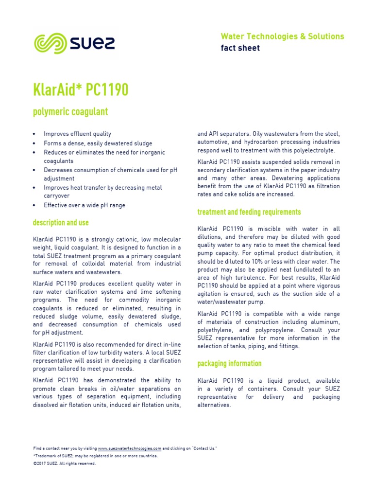 SWTS - PFS - KlarAid PC1190 PDF | PDF | Industrial Processes | Water